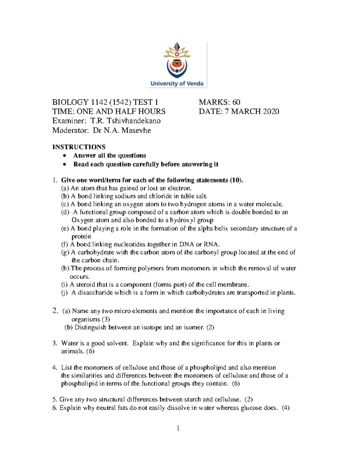2020bio1542test1 - 1 BIOLOGY 1 142 (1542) TEST 1 MARKS: 60 TIME: ONE ...