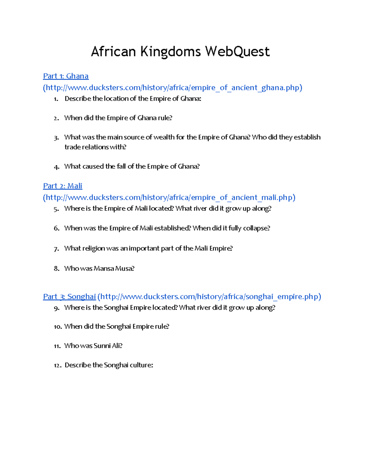 African Kingdoms Web Quest part 1(Ghana-Mali-Songhai-Aksum) - African ...