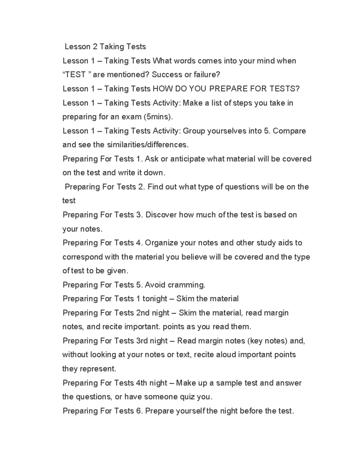 Lesson 2 Taking Tests - Lesson 2 Taking Tests Lesson 1 – Taking Tests ...
