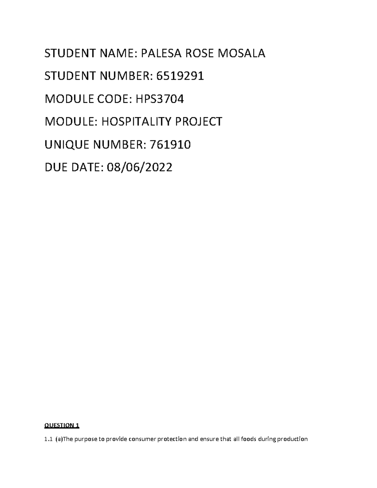 HPS3704 Project - Assignment - STUDENT NAME: PALESA ROSE MOSALA STUDENT NUMBER: 6519291 MODULE ...
