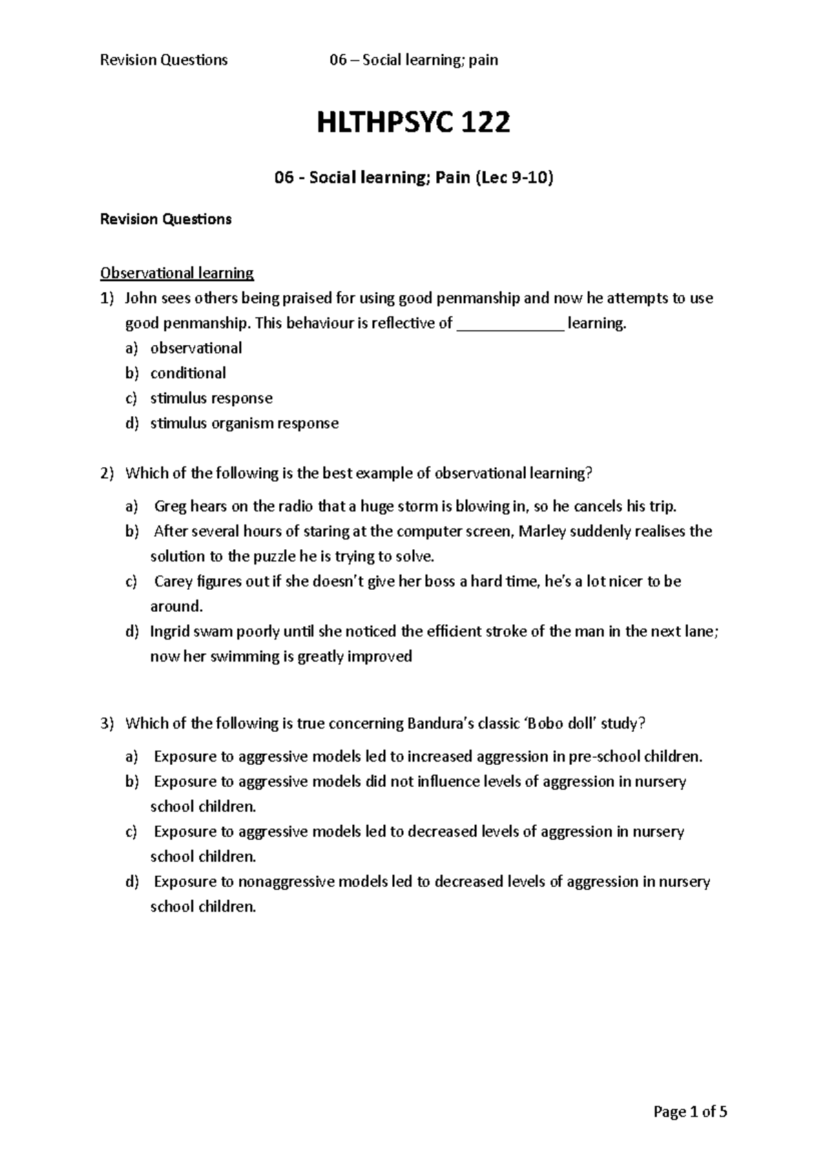 06 - Social Learning and pain - HLTHPSYC 122 06 - Social learning; Pain (Lec 9-10) Revision ...