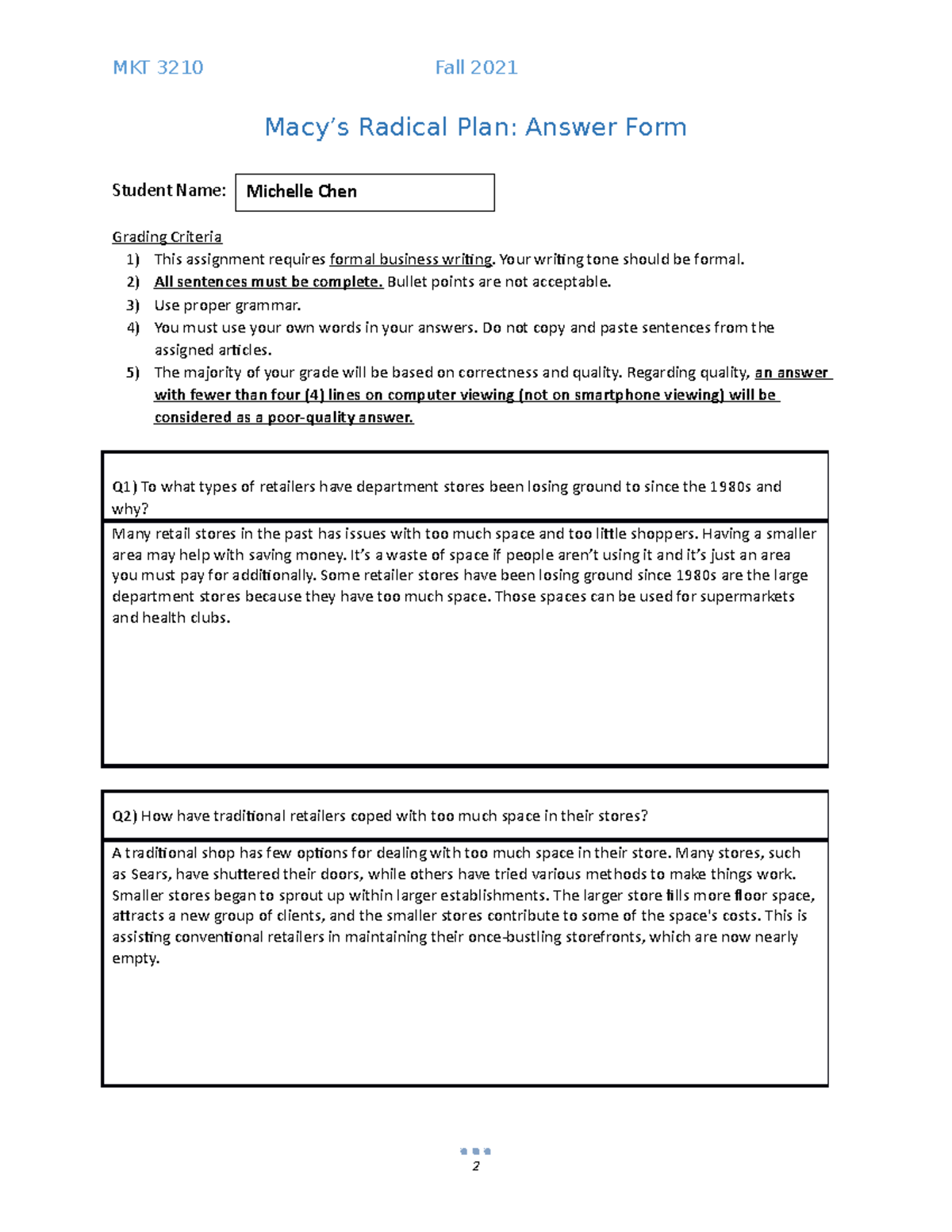 Macy's Radical Plan Answer Form - MKT 3210 Fall 2021 Macy’s Radical ...