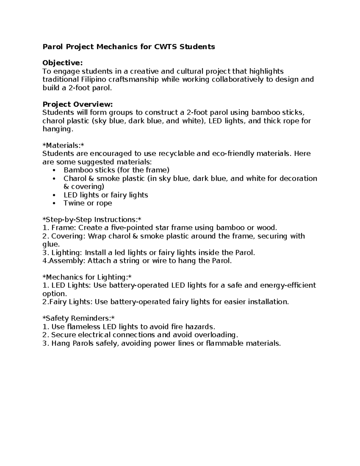 Mechanics - Good - Parol Project Mechanics for CWTS Students Objective ...