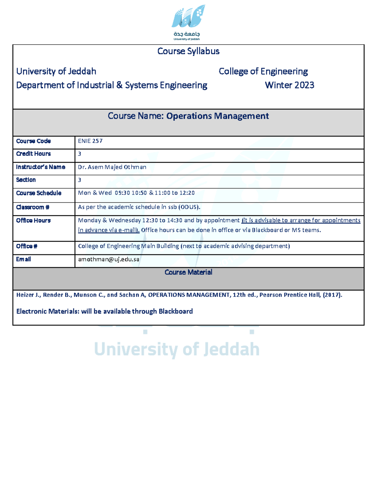 ENIE257 Course Syllabus- Winter 2023 - Course Syllabus University of Jeddah College of ...