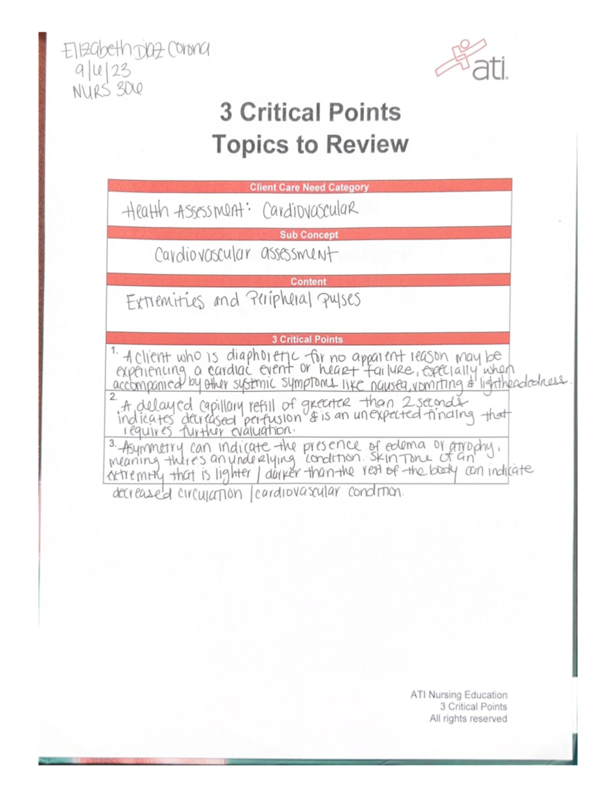 Ati Cardiovascular Critical Point - Ellzabeth Diaz corona Da ati. NURS ...