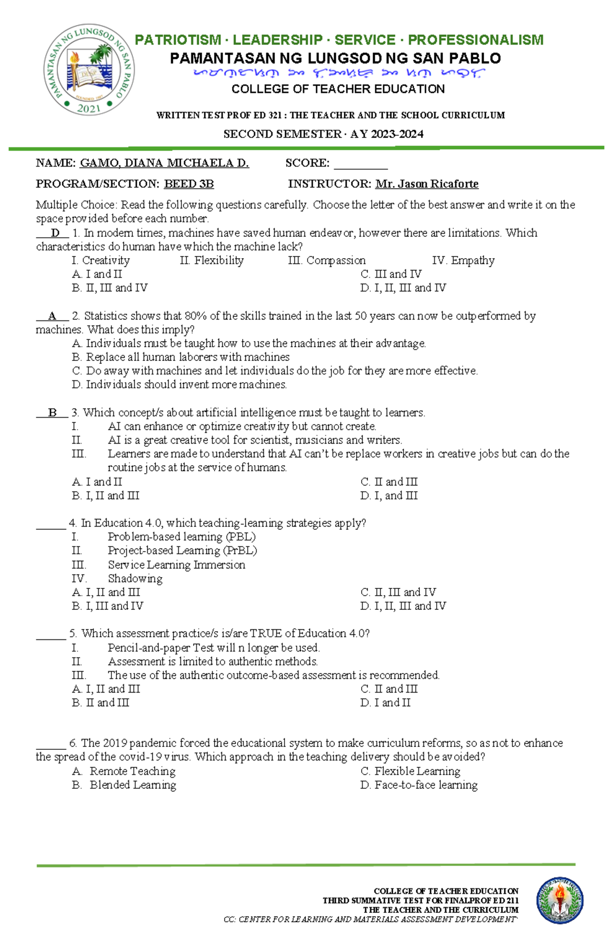 OPEN Notes Activity PROF ED 321 - SECOND SEMESTER · AY 2023- WRITTEN ...