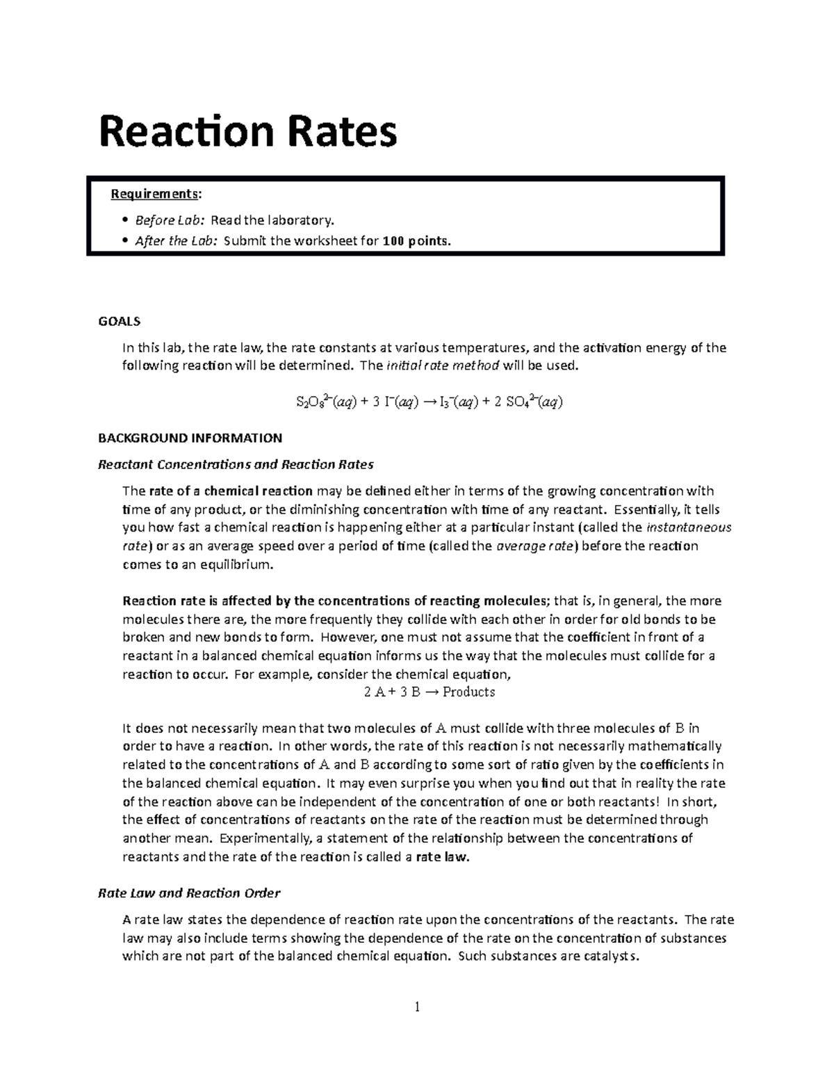 Reaction Rates 1 - In this lab, the rate law, the rate constants at ...