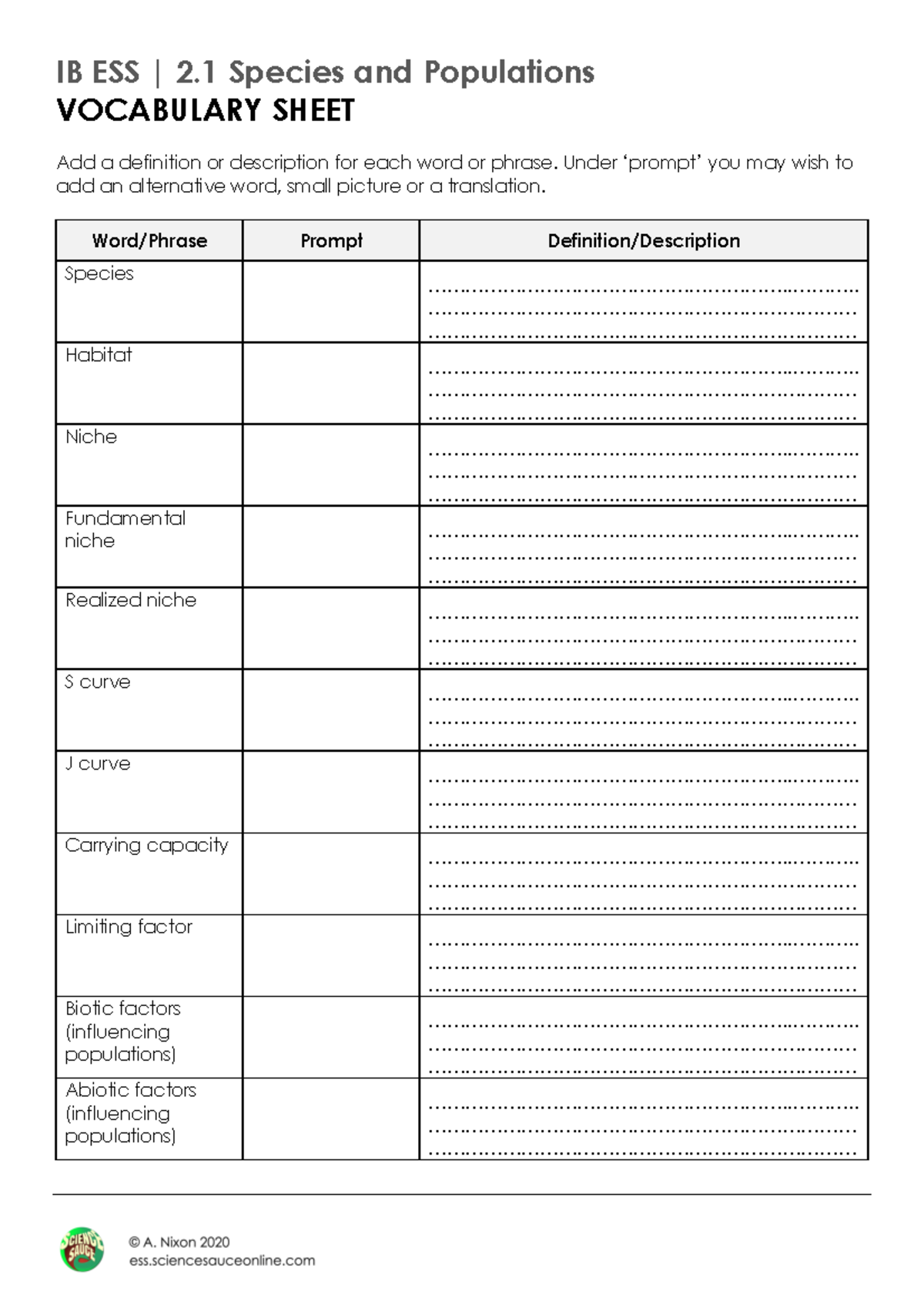 Microsoft Word - 2.1 Vocabulary Sheet - IB ESS | 2 Species and ...