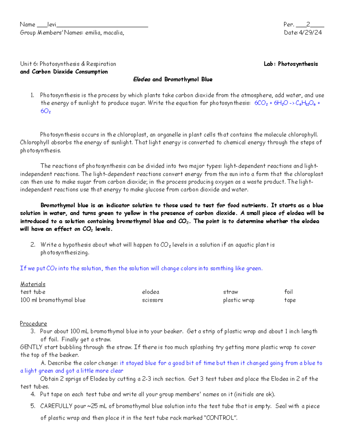 Copy of bromothymol blue elodea lab - Name levi ...