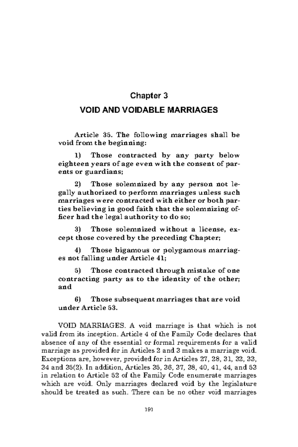 STA Maria - Persons and Family Relations Law - 191 Chapter 3 VOID AND VOIDABLE MARRIAGES Article ...