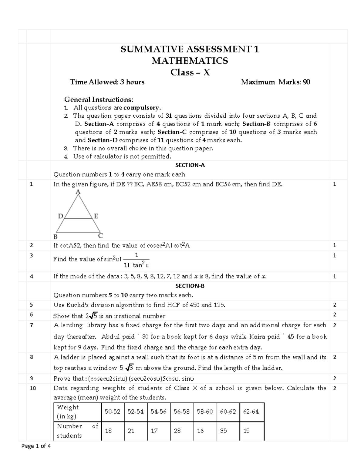Maths QP 1 SUMMATIVE ASSESSMENT 1 MATHEMATICS Class X Time Allowed maths-qp-1-summative-assessment-1-mathematics-class-x-time-allowed