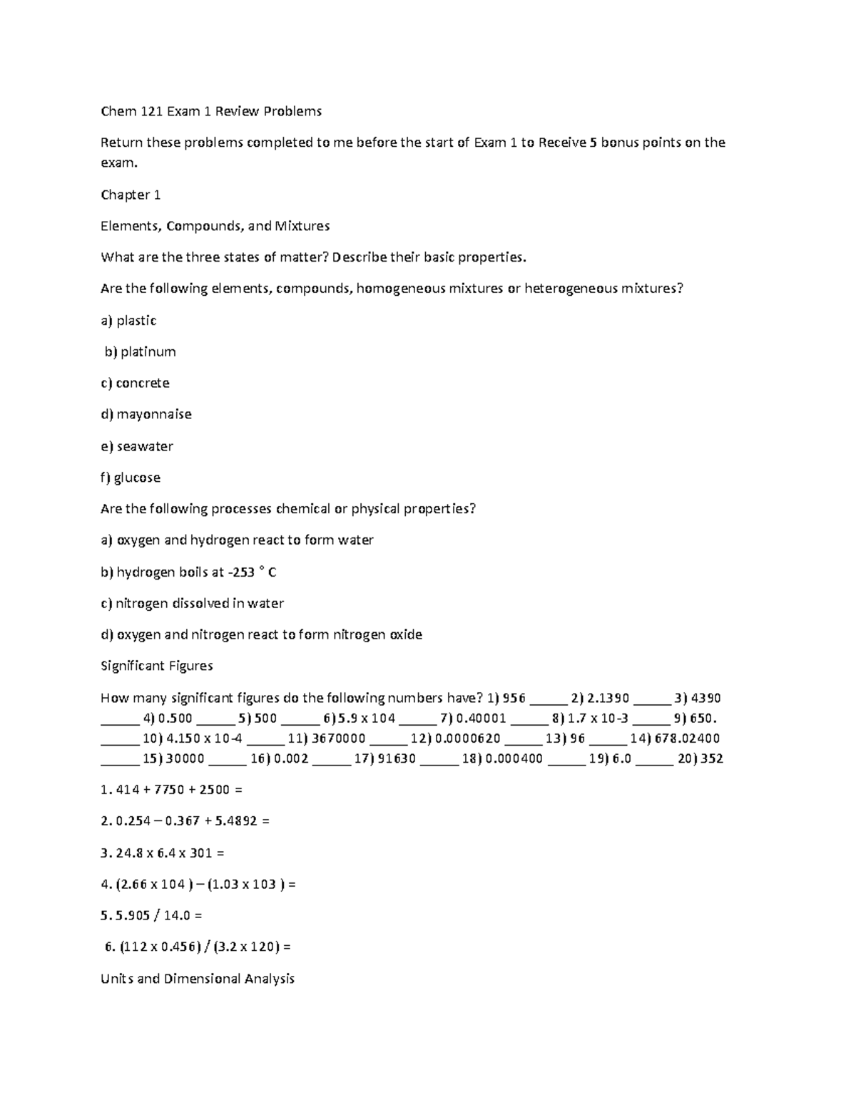 Exam 1 Problem Sheet - test 1 - Chem 121 Exam 1 Review Problems Return ...