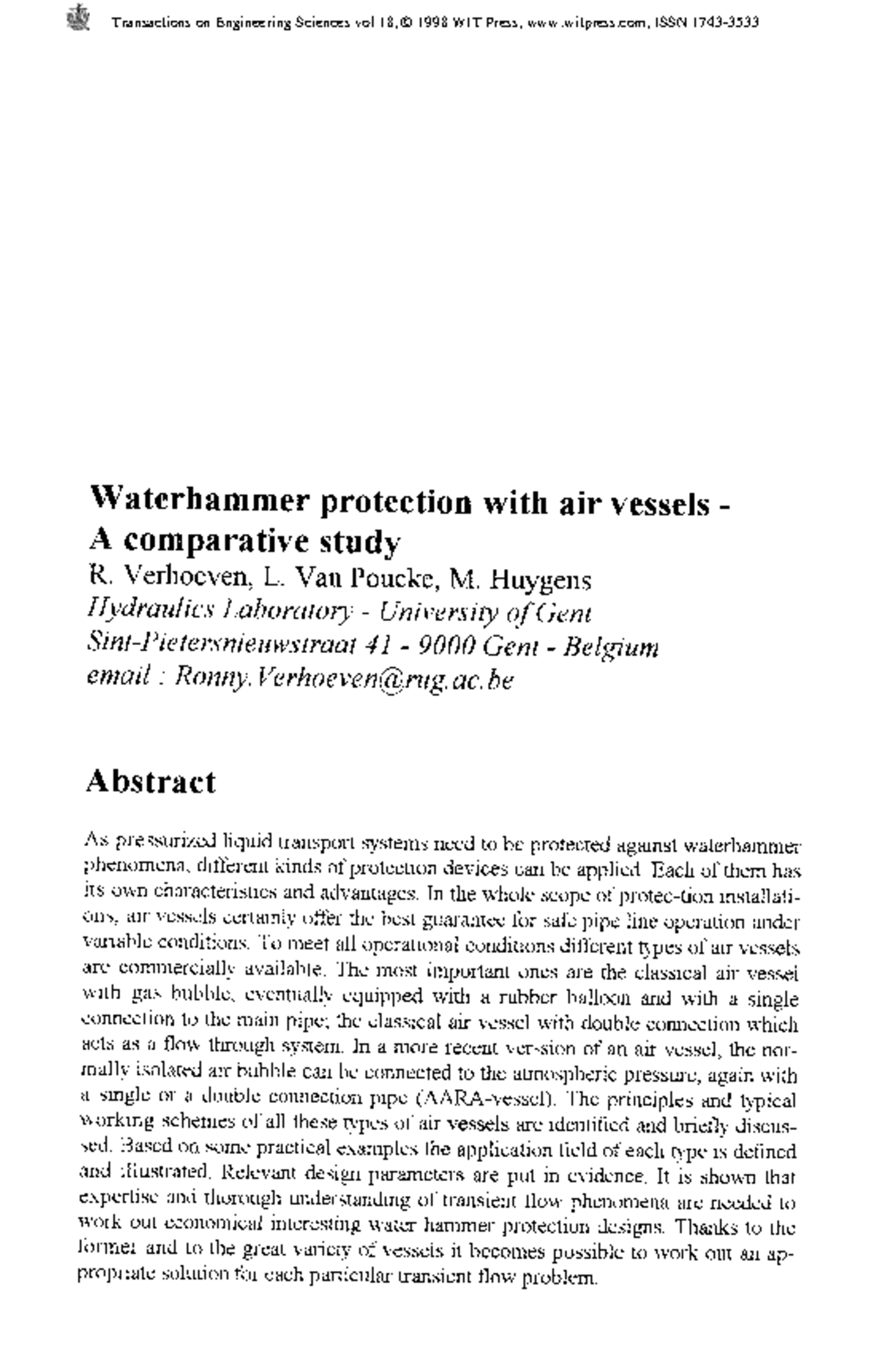 1998 - Water hammer protection with air vessels - A comparative study ...