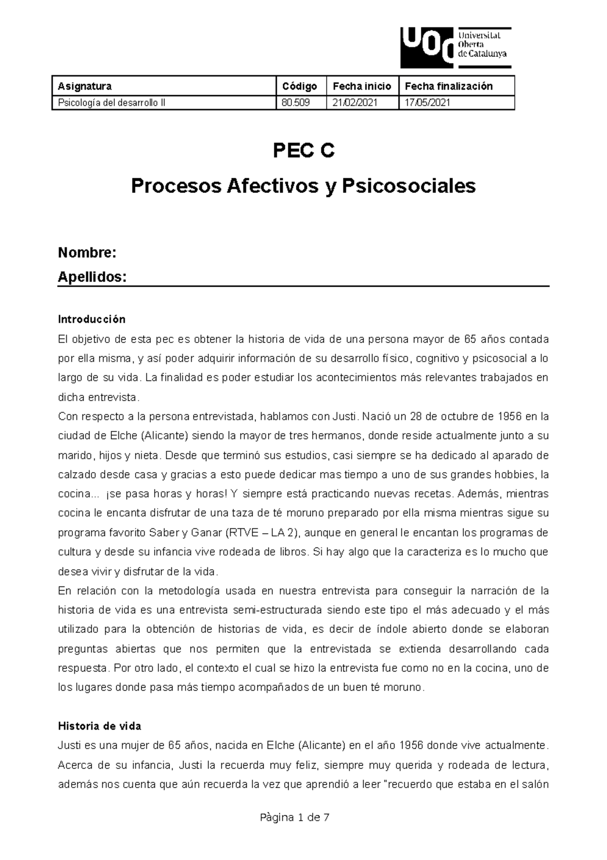 PEC 3 Desarrollo II entrevista - Psicología del desarrollo II - UOC - Studocu