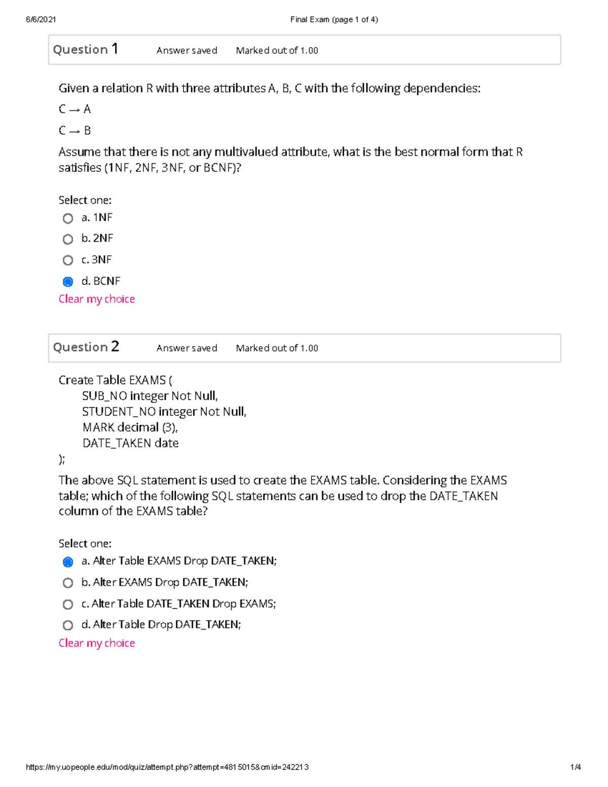 Final Exam (page 1 of 4) - Question 1 Answer saved Marked out of 1 ...
