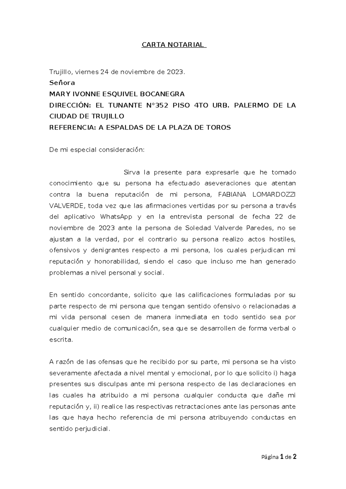 Carta Notarial F - CARTA NOTARIAL Trujillo, viernes 24 de noviembre de ...