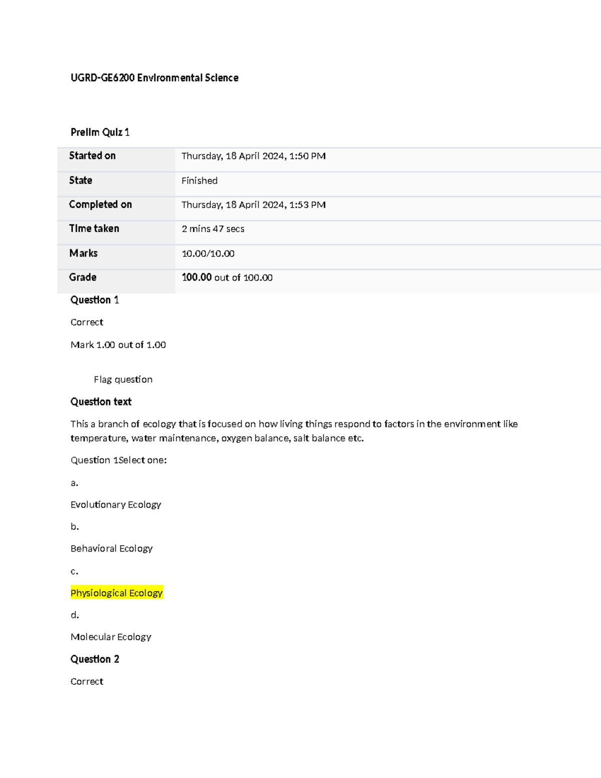 UGRD GE6200 Environmental Science Prelim Final Quizzes - UGRD-GE6200 ...