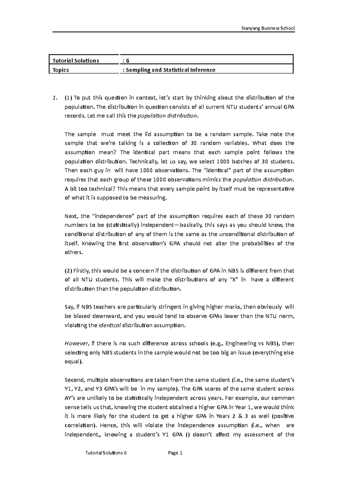 Solutions Week 6 Tutorial Solutions 6 Topics Sampling And Statistical Inference 1 To Put