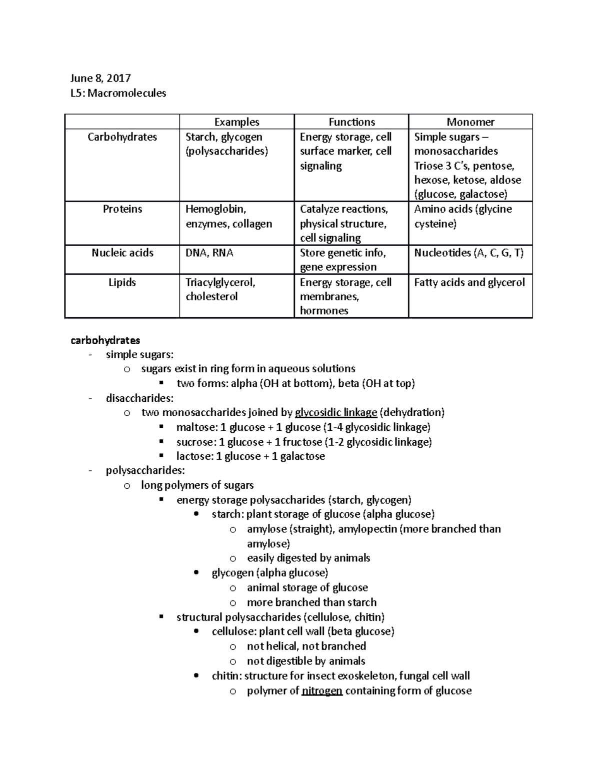 L5, L6, L7 - Lecture notes 5-7 - June 8, 2017 L5: Macromolecules ...