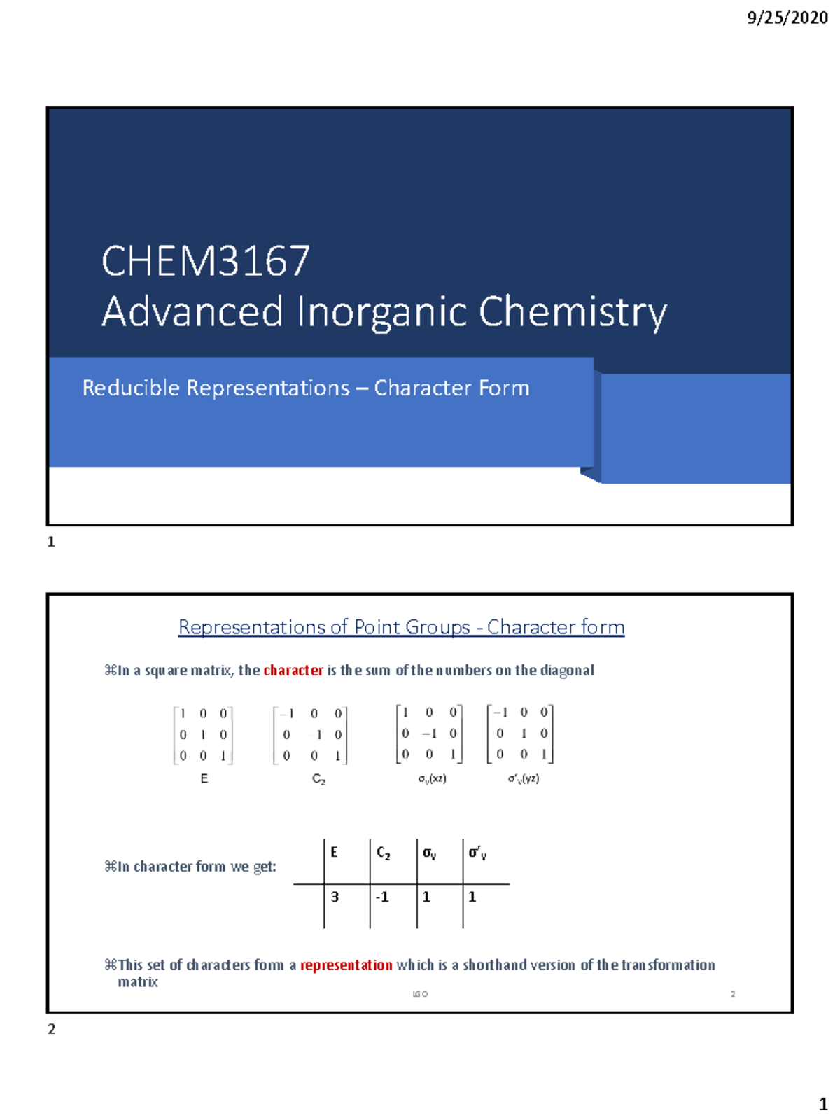 Reducible Reps - Character Form Notes - 9/25/ 1 CHEM Advanced Inorganic ...