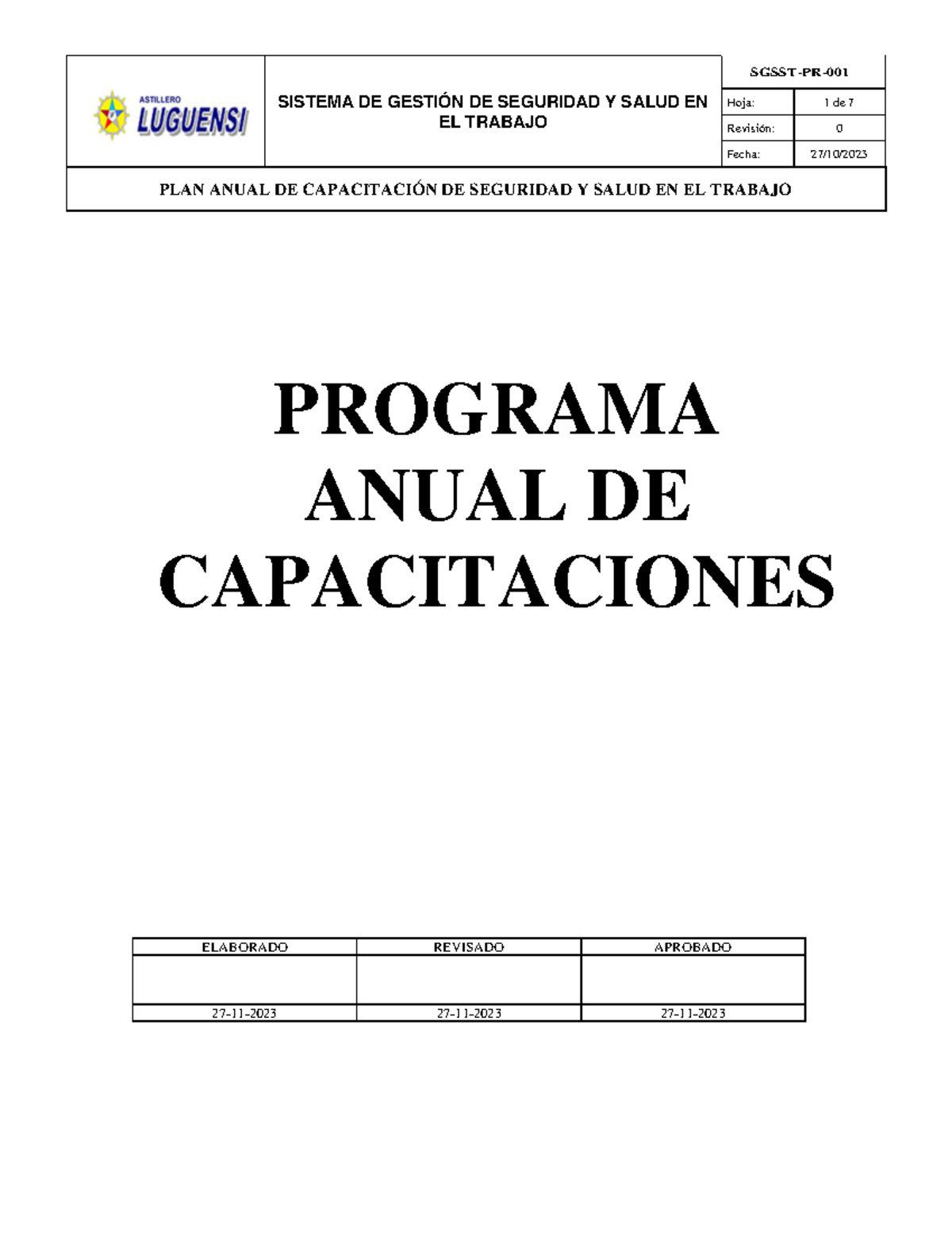 Programa Anual DE Capacitaciones - SISTEMA DE GESTIÓN DE SEGURIDAD Y SALUD EN EL TRABAJO ...