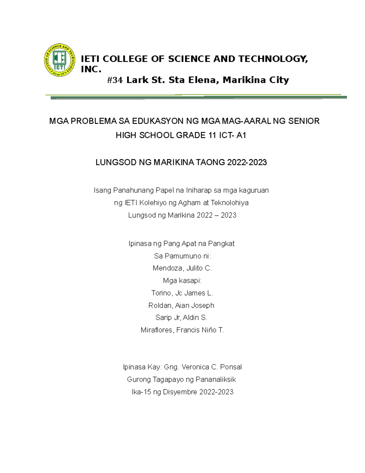 Filipino - rstj - INC. #34 Lark St. Sta Elena, Marikina City MGA ...
