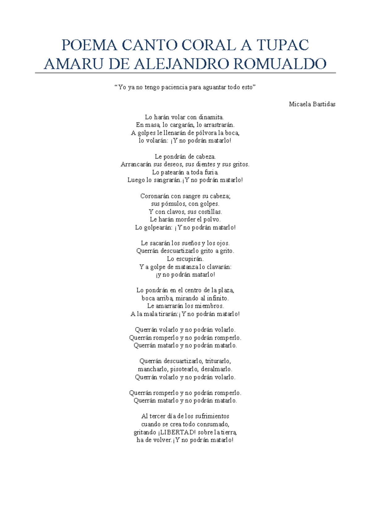 Poema Canto Coral A Tupac Amaru DE Alejandro Romualdo - Segundo - POEMA ...