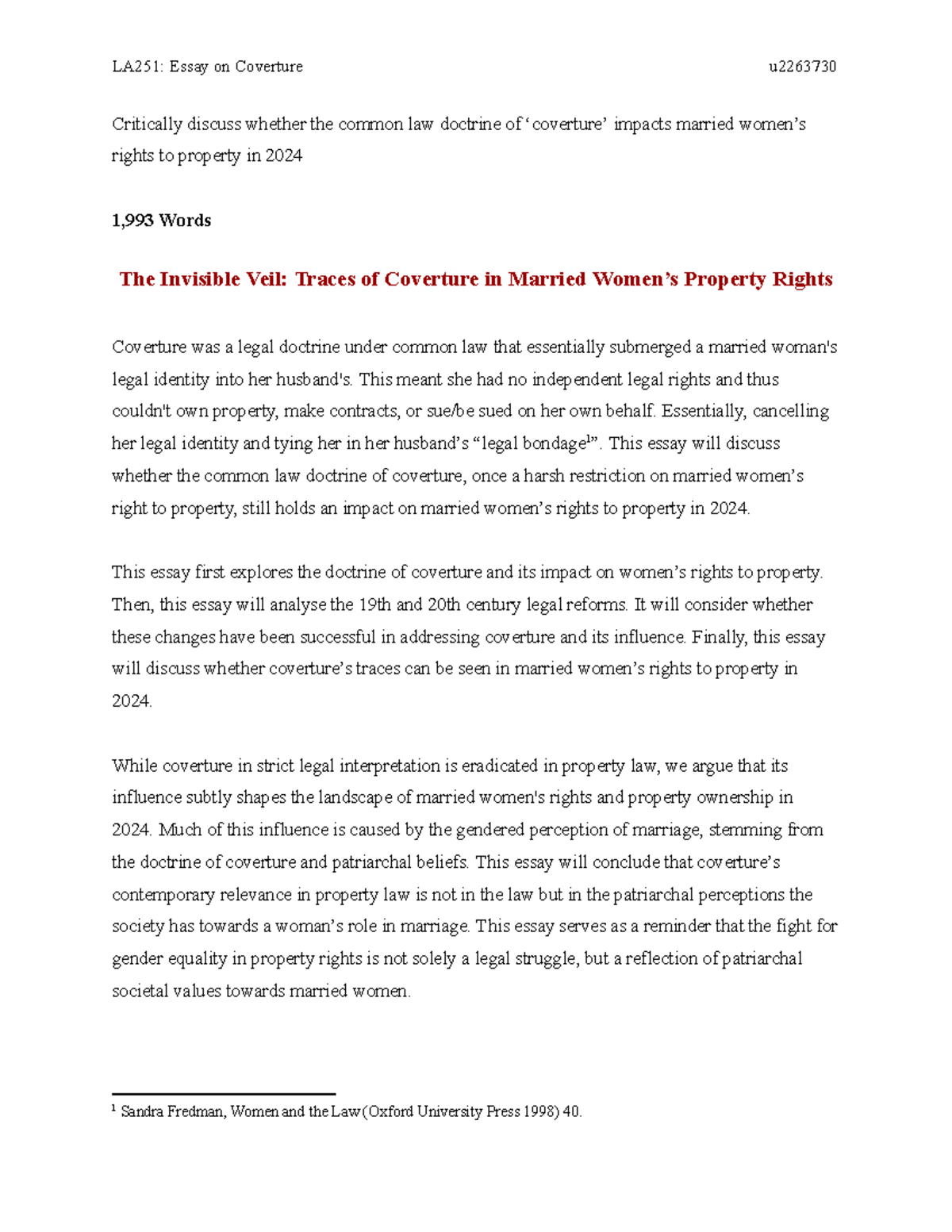 Property Essay on Coverture - Critically discuss whether the common law ...