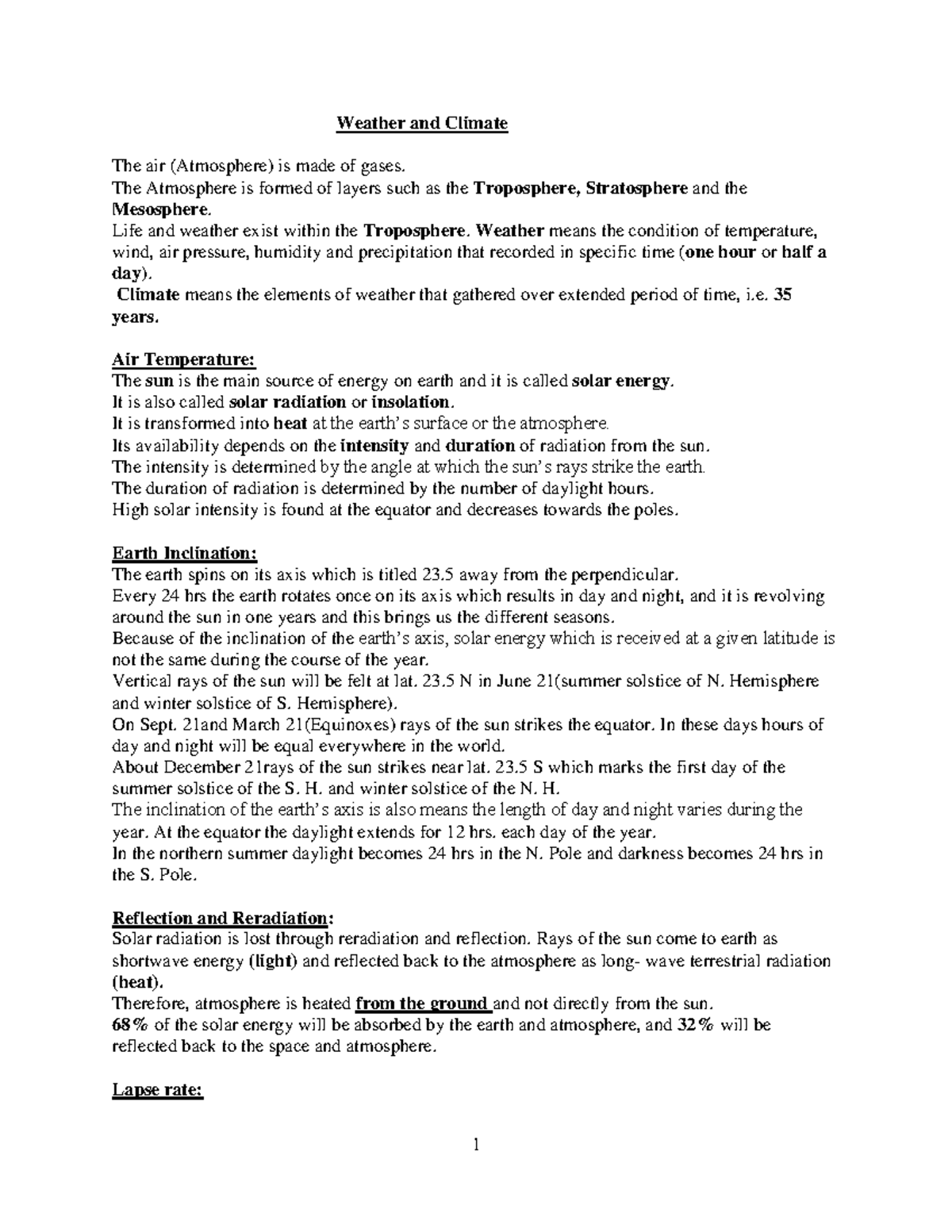 GEOG101 notes weather climate - Weather and Climate The air (Atmosphere ...
