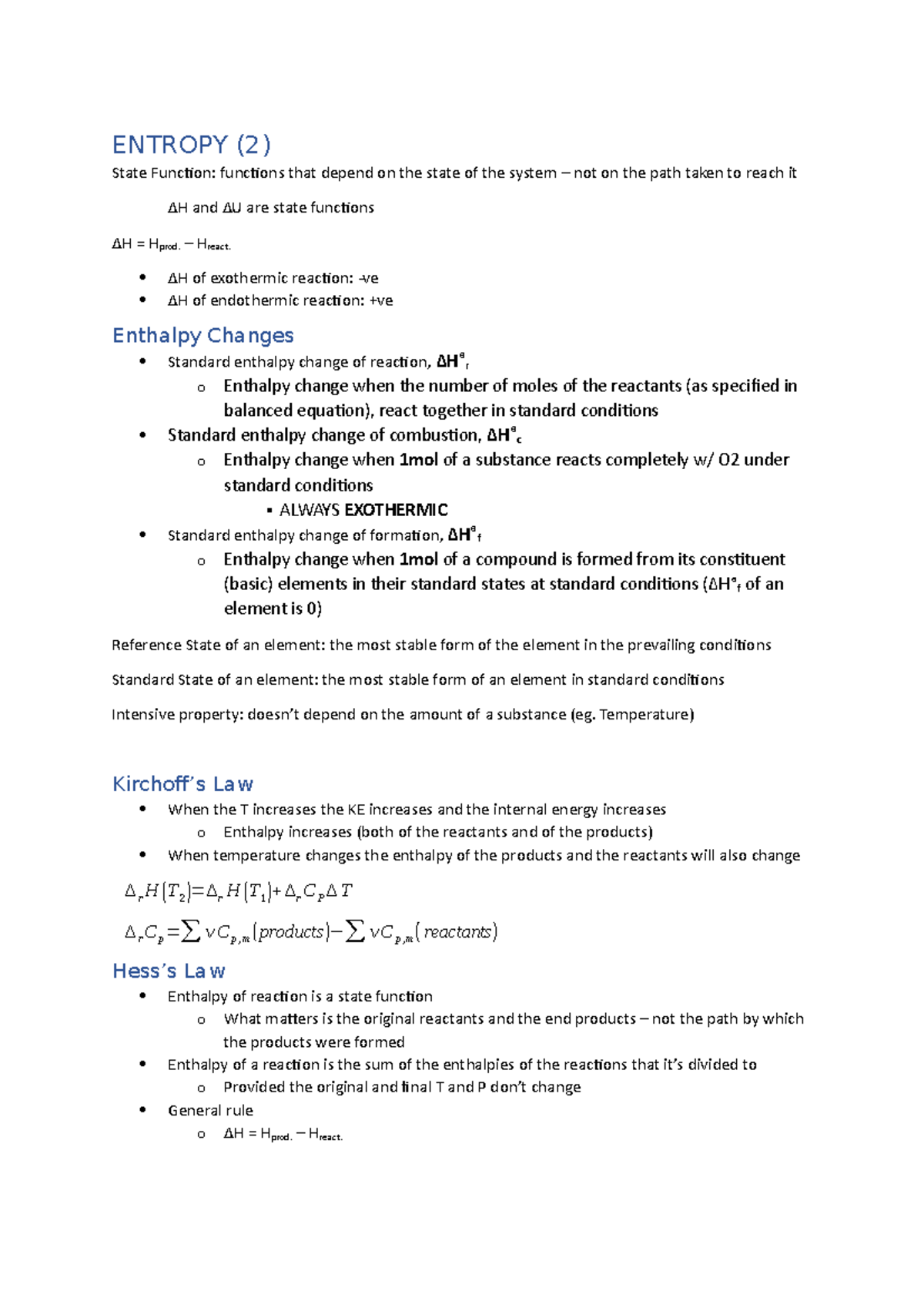 5. LECT5 - Entropy - ENTROPY (2) State Function: functions that depend ...