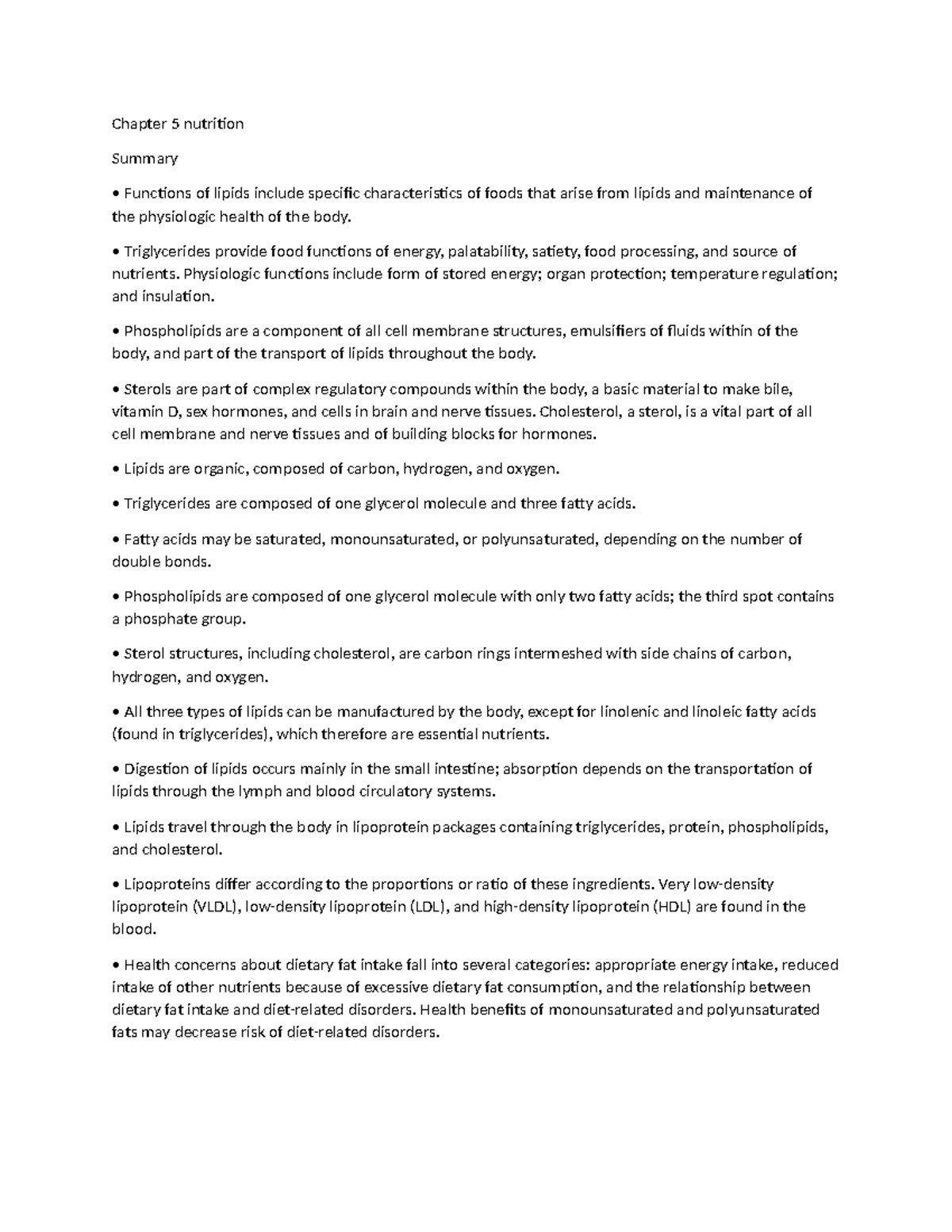 Chapter 5 nutrition - Chapter 5 nutrition Summary Functions of lipids ...