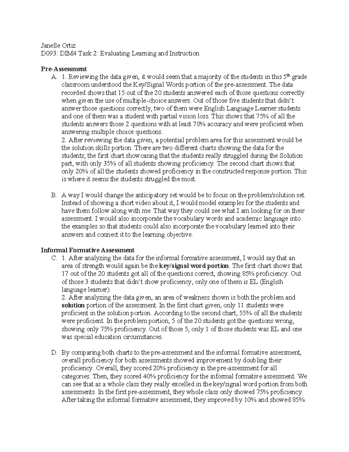 D093 - DIM4 Task 2 (Assessing Impact on Student Learning) - Janelle Ortiz D093: DIM4 Task 2 ...