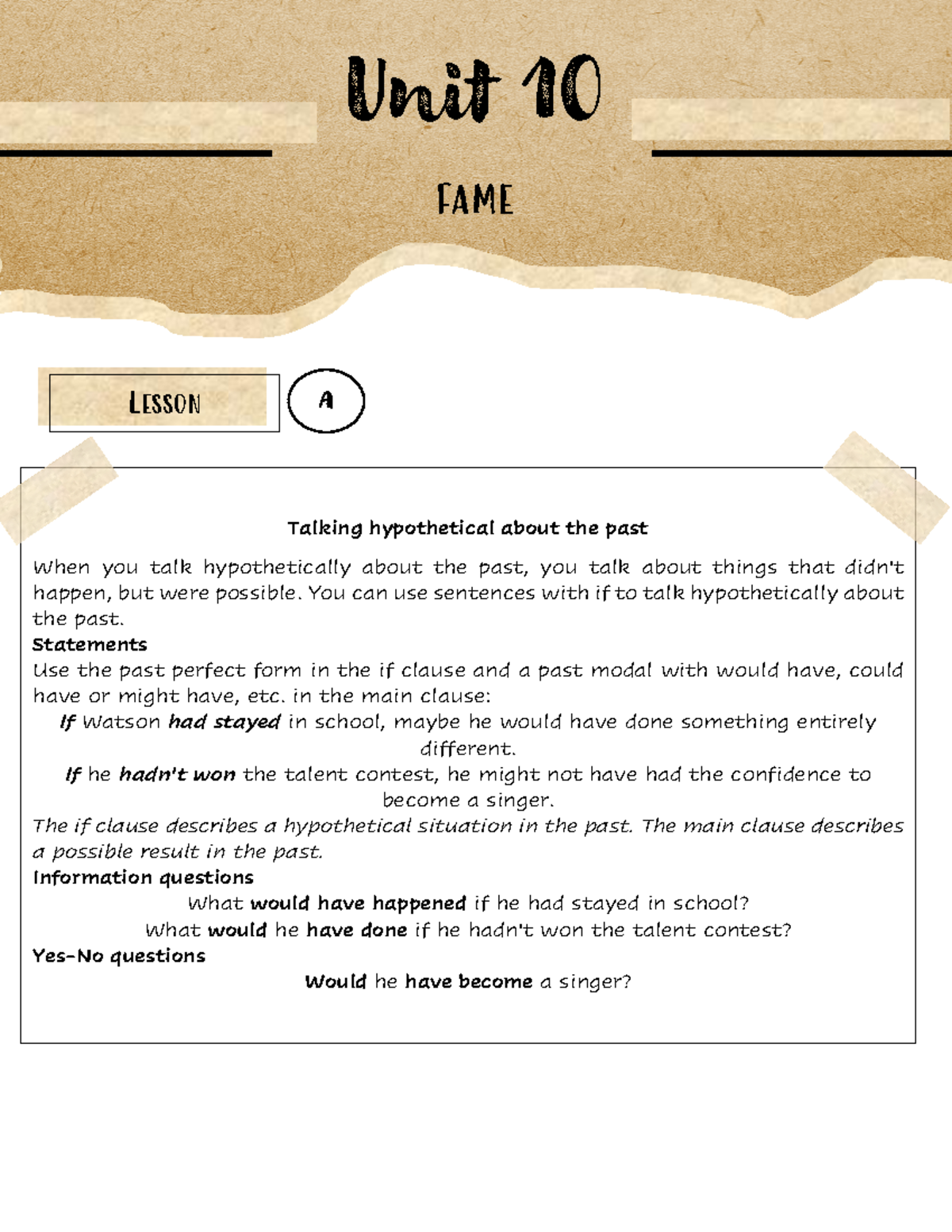 Unit 10 - Resumen Ingles - Unit 10 fame Lesson A Talking hypothetical ...