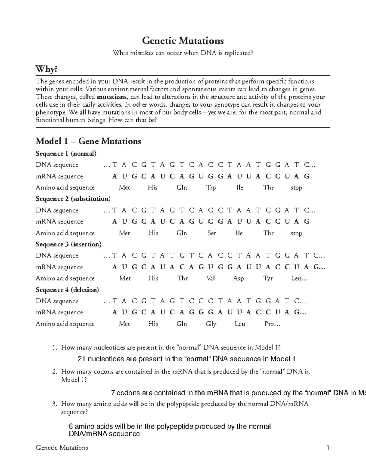 Areeb Islam - Pogil Mutations - Genetic Mutations 1 Genetic Mutations What mistakes can occur ...