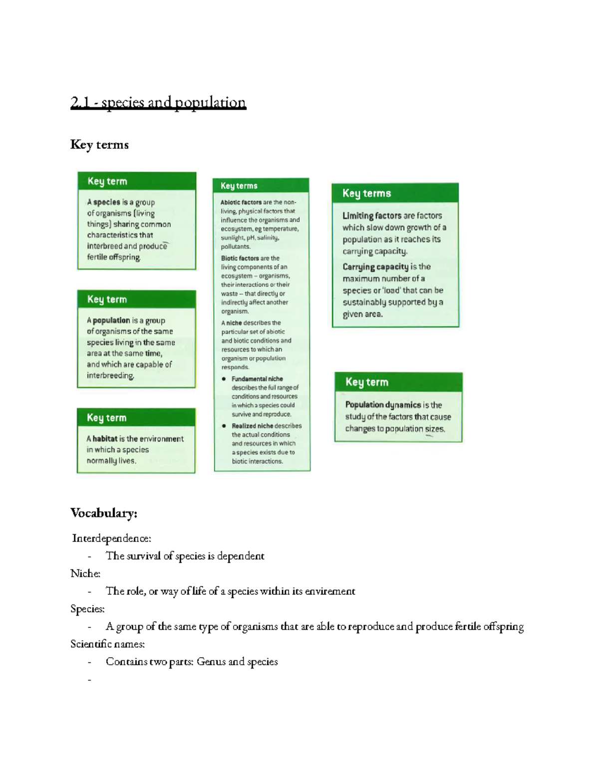 Topic 2 - ecosystems ecology - 2 - species and population Key terms ...