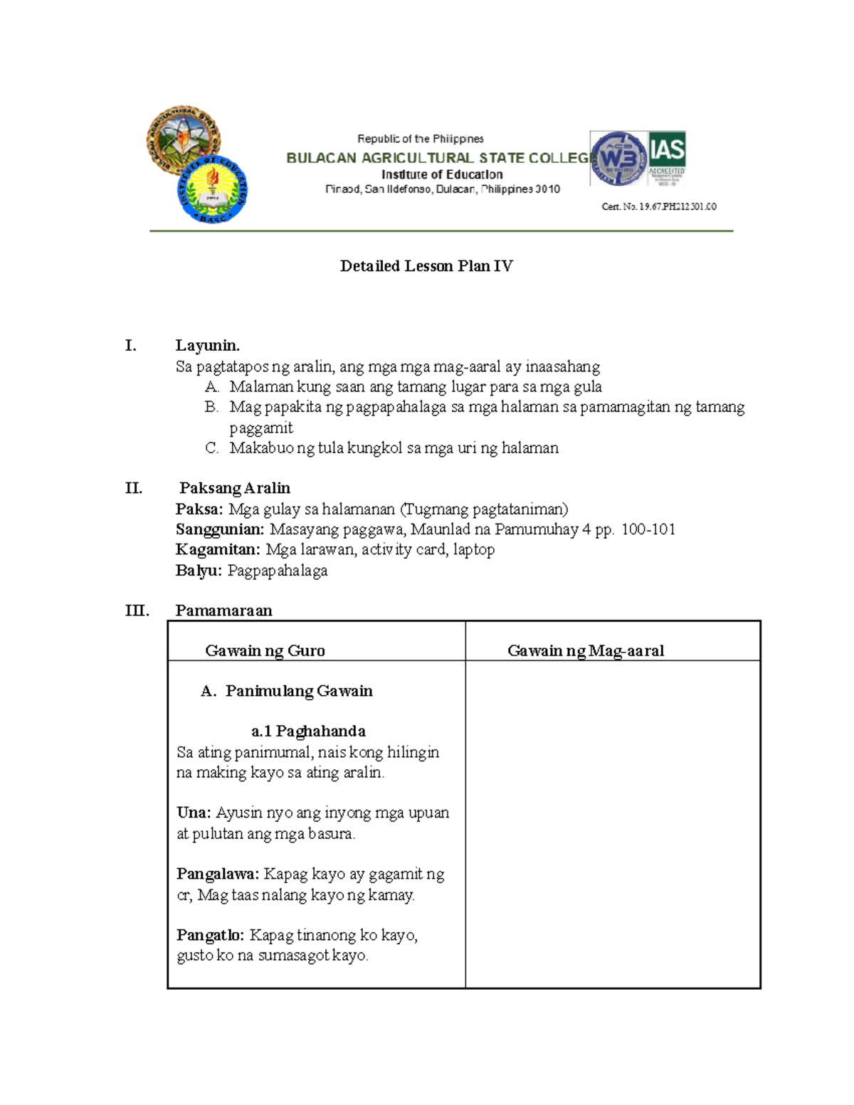 Detailed Lesson Plan - dlp - Detailed Lesson Plan IV I. Layunin. Sa ...