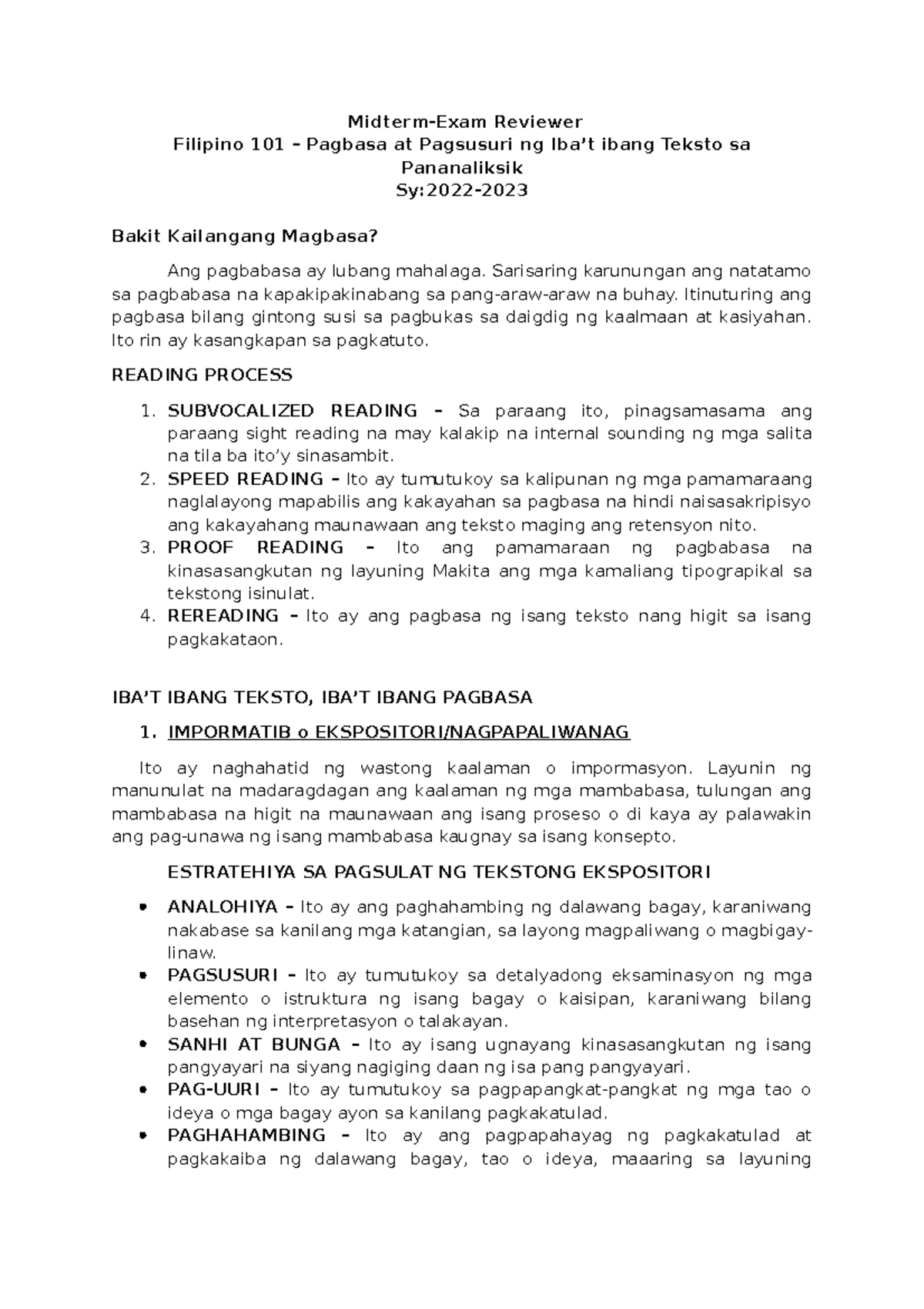 Review para sa Midterm na Pagsusulit 1 - Midterm-Exam Reviewer Filipino ...