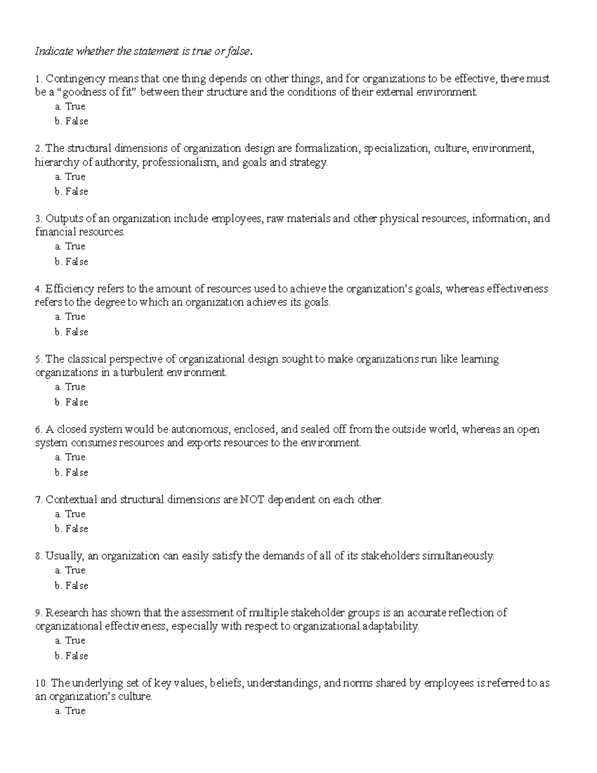 Organization Theory - Chapter 1 Questions and Answers - Indicate ...