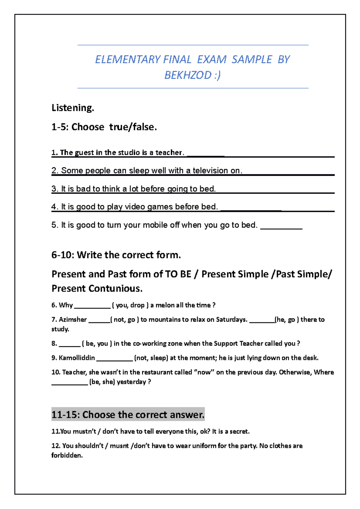 Elementary Final - ELEMENTARY FINAL EXAM SAMPLE BY BEKHZOD :) Listening ...