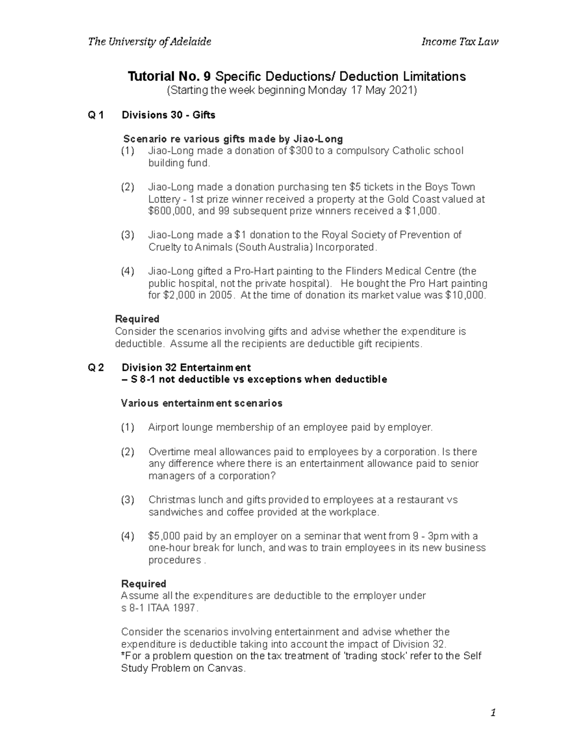 Tutorial No 9 Specific Deductions - Deduction Limitations - The ...