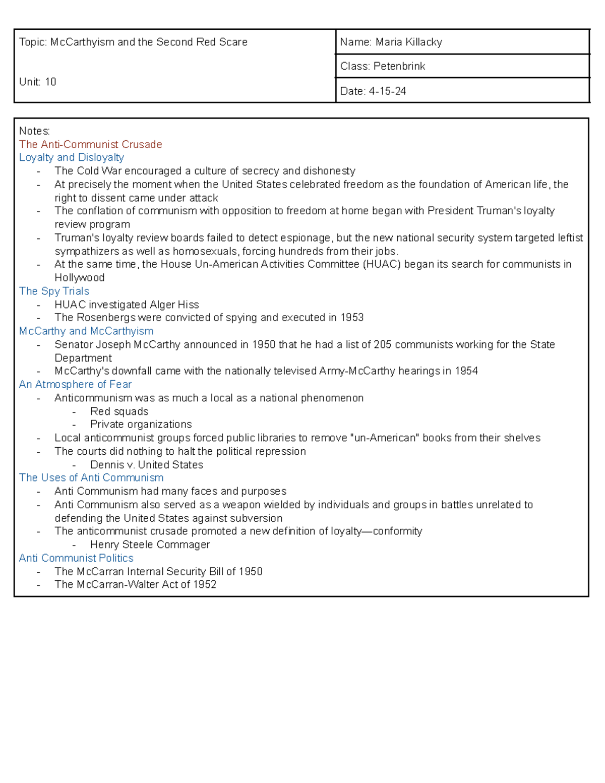 Mc Carthyism and the Second Red Scare - Topic: McCarthyism and the ...