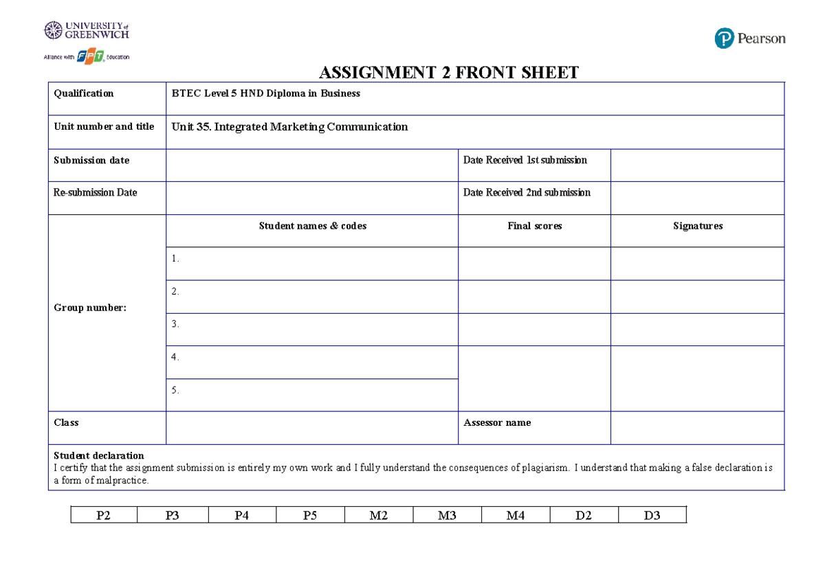 5123-Assignment 2 Frontsheet - ASSIGNMENT 2 FRONT SHEET Qualification BTEC Level 5 HND Diploma ...