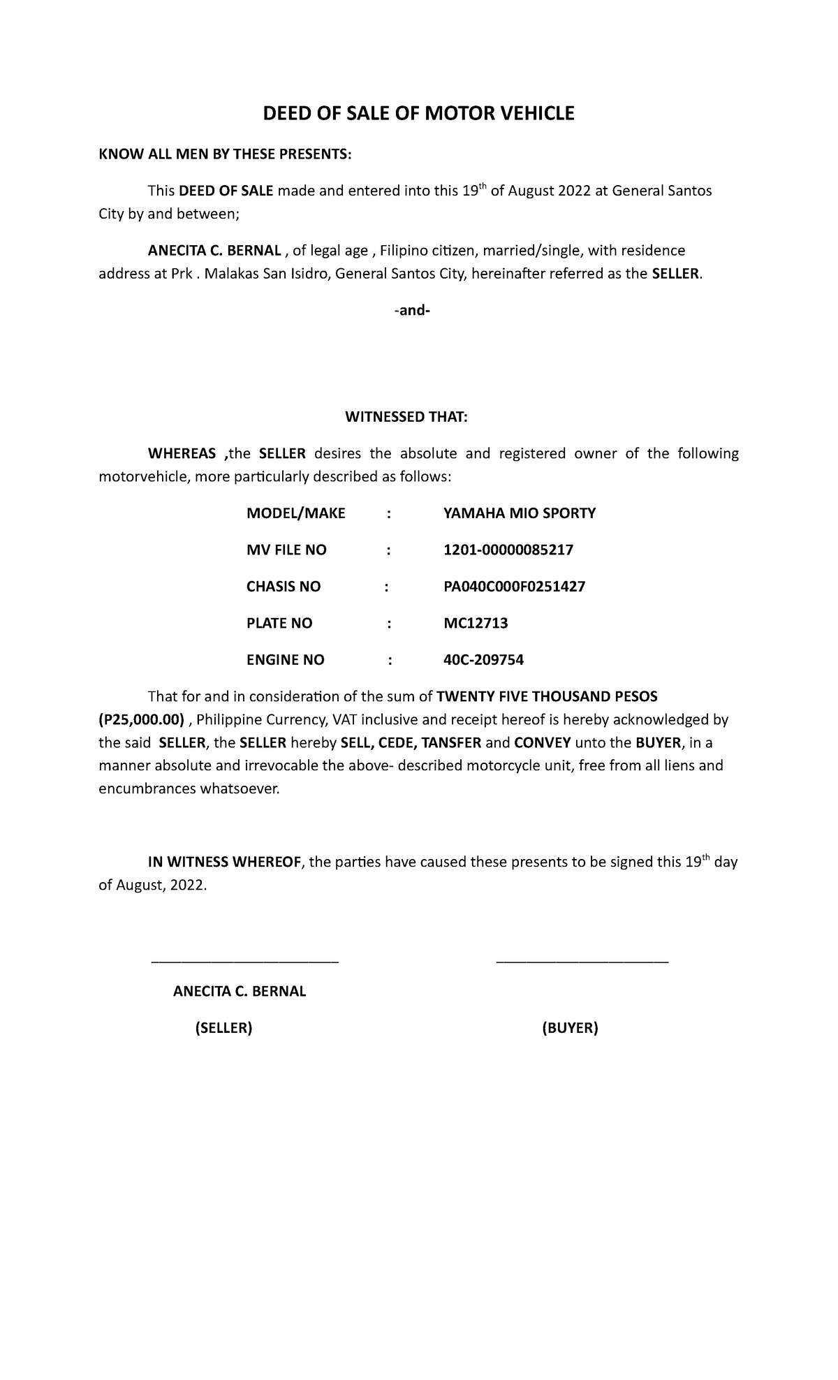 DEED OF SALE OF Motor Vehicle - DEED OF SALE OF MOTOR VEHICLE KNOW ALL ...