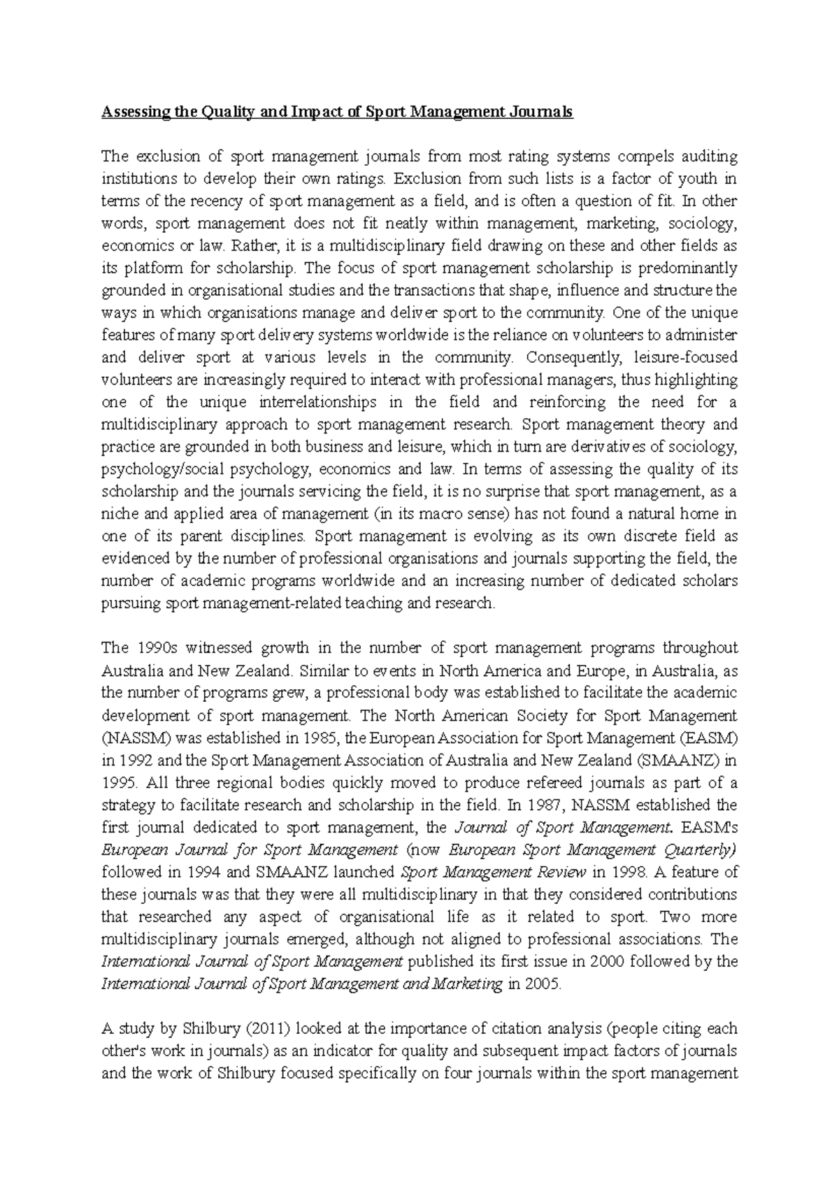 Assessing the Quality and Impact of Sport Management Journals ...