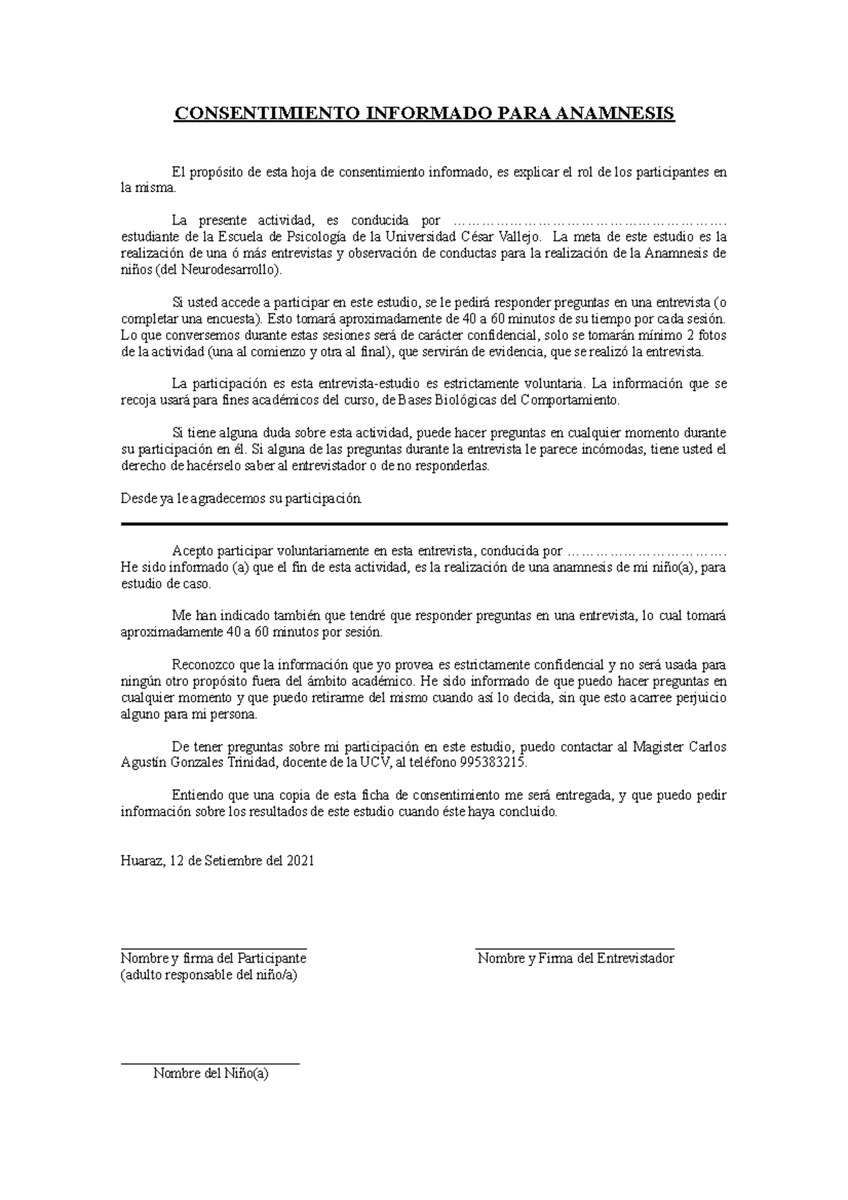 Consentimiento Informado - CONSENTIMIENTO INFORMADO PARA ANAMNESIS El ...