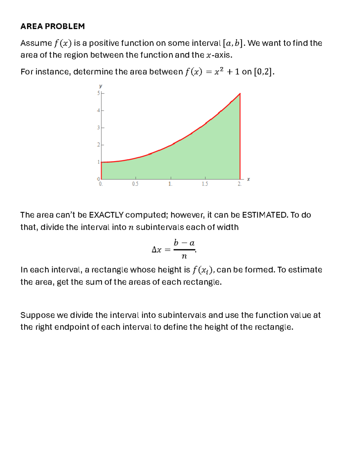 Math 121 - Area Problem - ..................... - AREA PROBLEM Assume 𝑓 ...