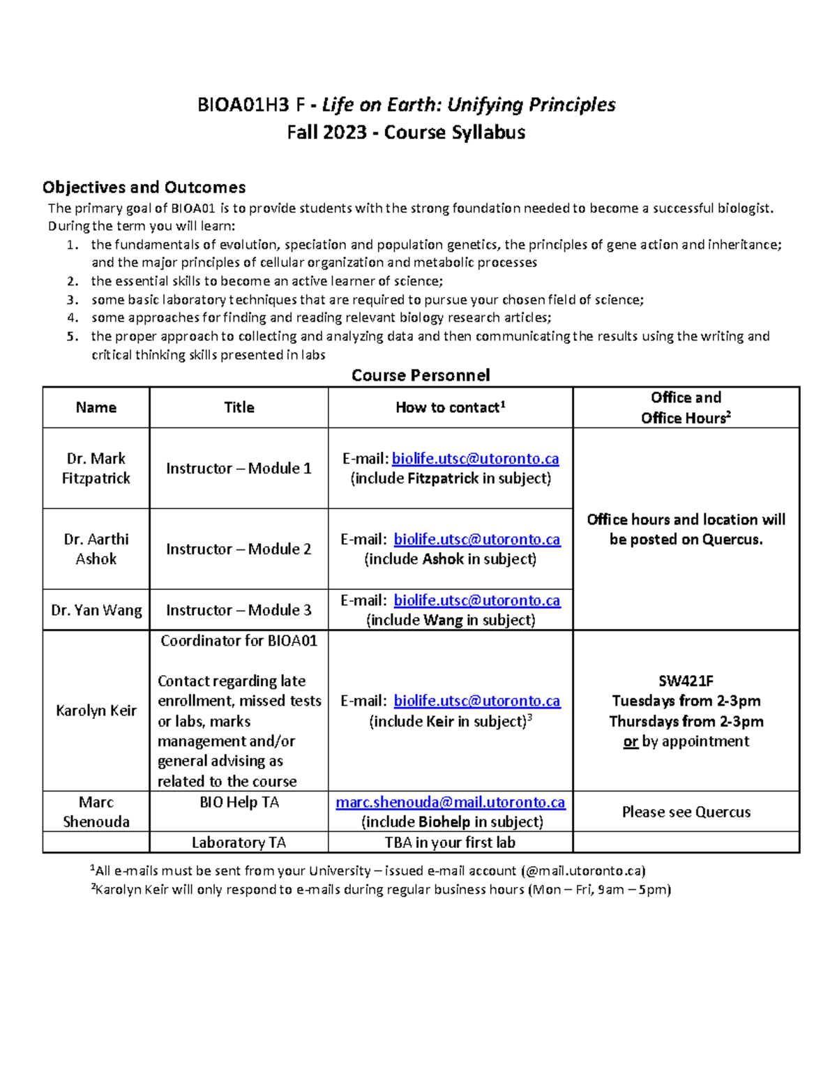 BIO A01 Syllabus F2023 - just otes - BIOA01H3 F - Life on Earth ...