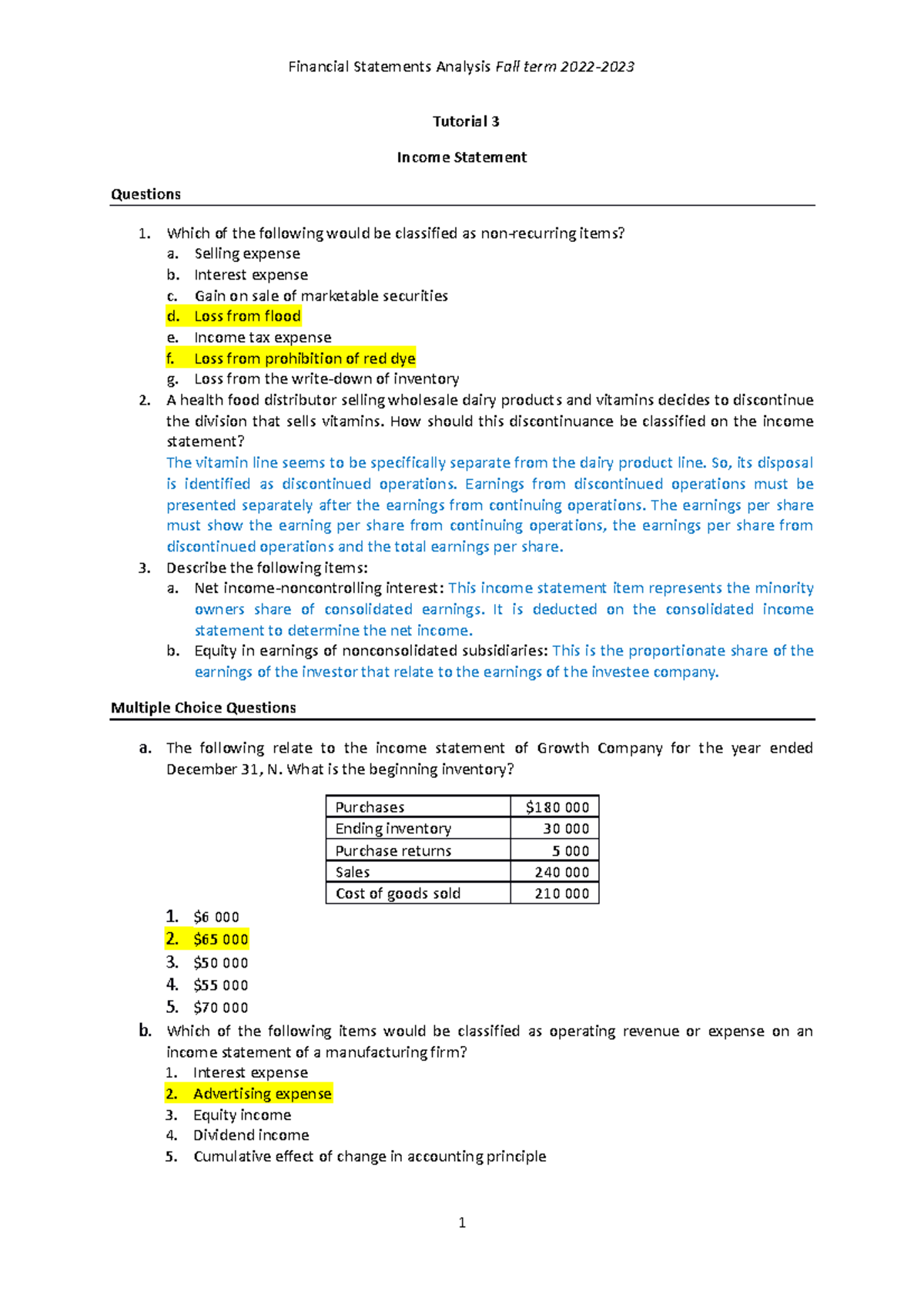 Solutions to Tutorial 3-fall 2022 - Tutorial 3 Income Statement ...