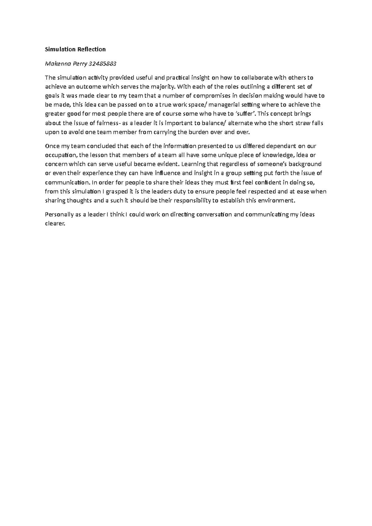 Simulation Reflection - Simulation Reflection Makenna Perry 32485883 The simulation activity ...