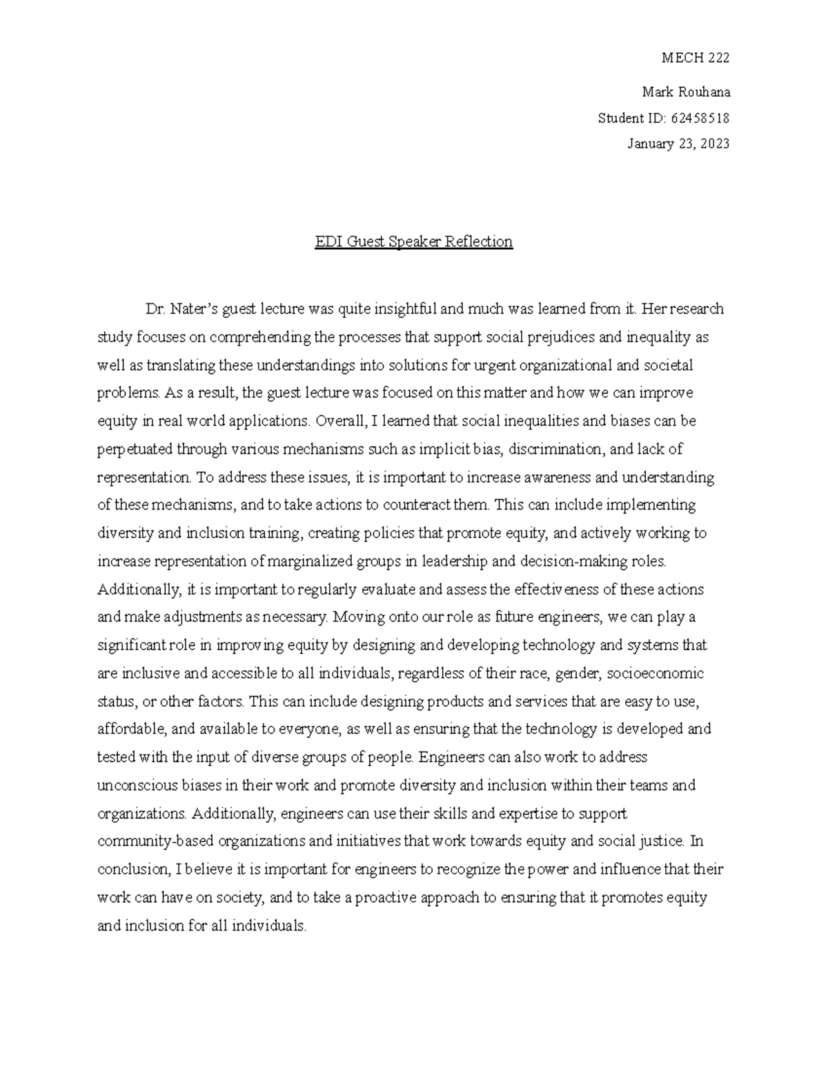 Mark Rouhana - EDI Guest Speaker Reflection - MECH 222 Mark Rouhana ...